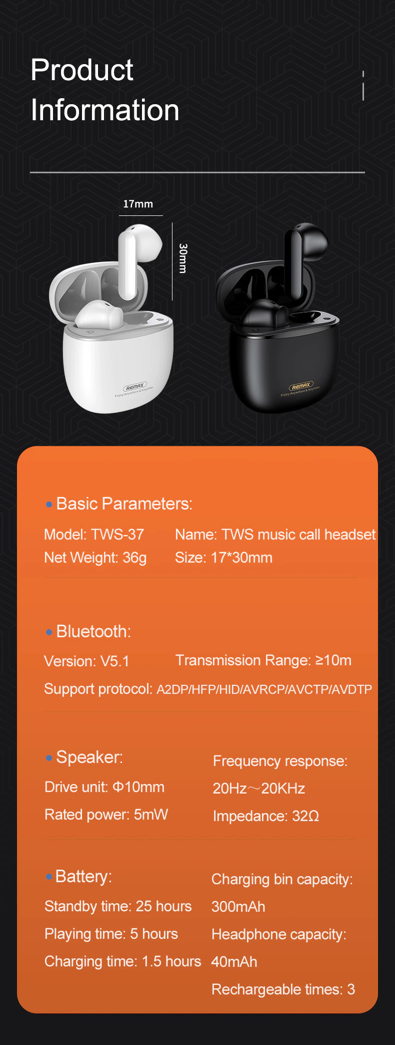 هندزفری بی سیم ریمکس مدل TWS-37